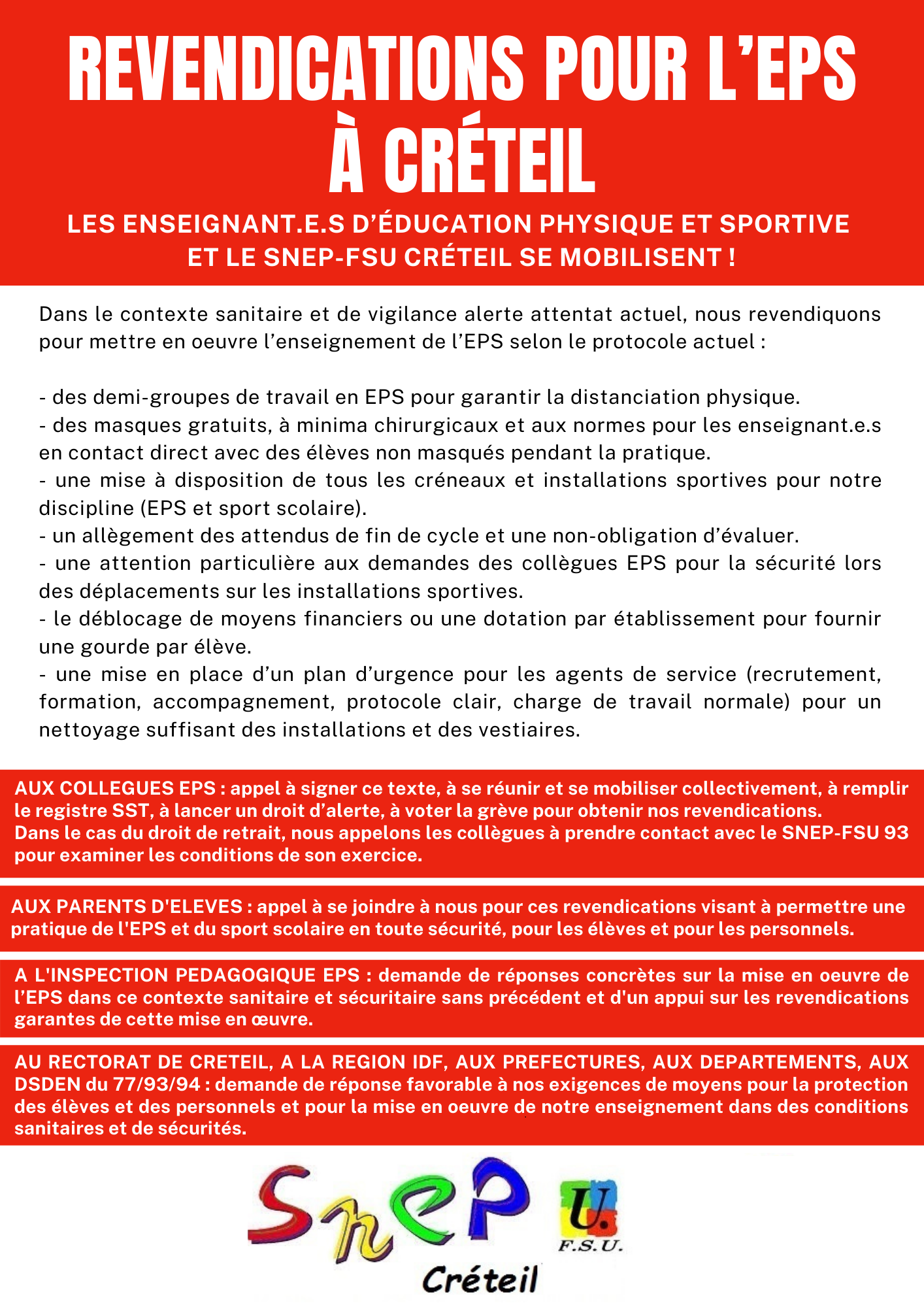 EPS et crise sanitaire : les revendications du SNEP-FSU Créteil à faire ...